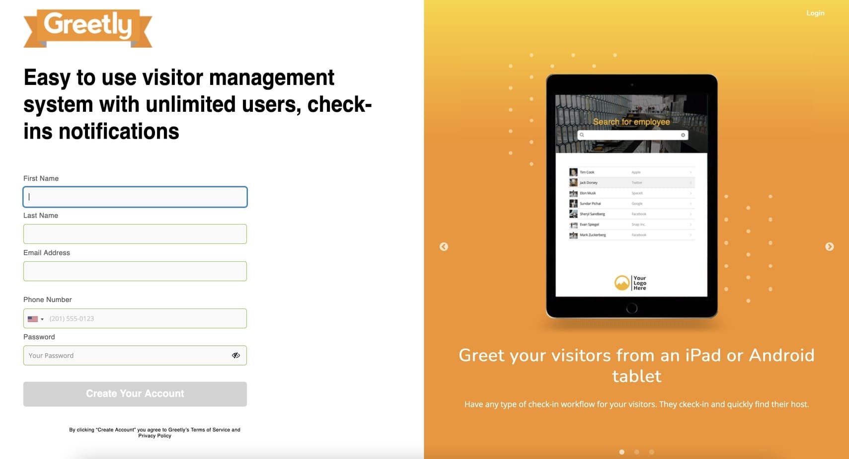 Signup for the Greetly Visitor Management System